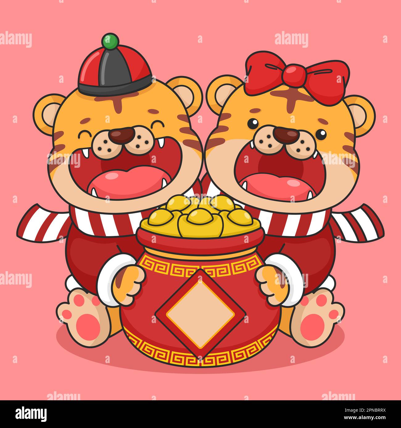 Cute Chinese New Year Tiger Couple Holding Gold Money Pot Stock Vector ...