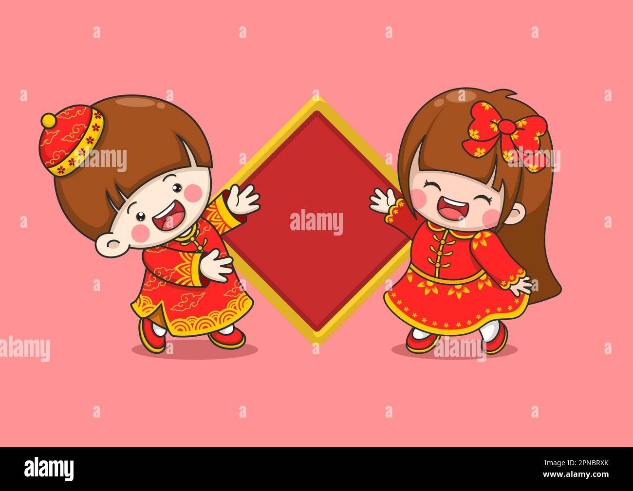 Cute Chinese New Year Boy And Girl And Greeting Board Stock Vector ...