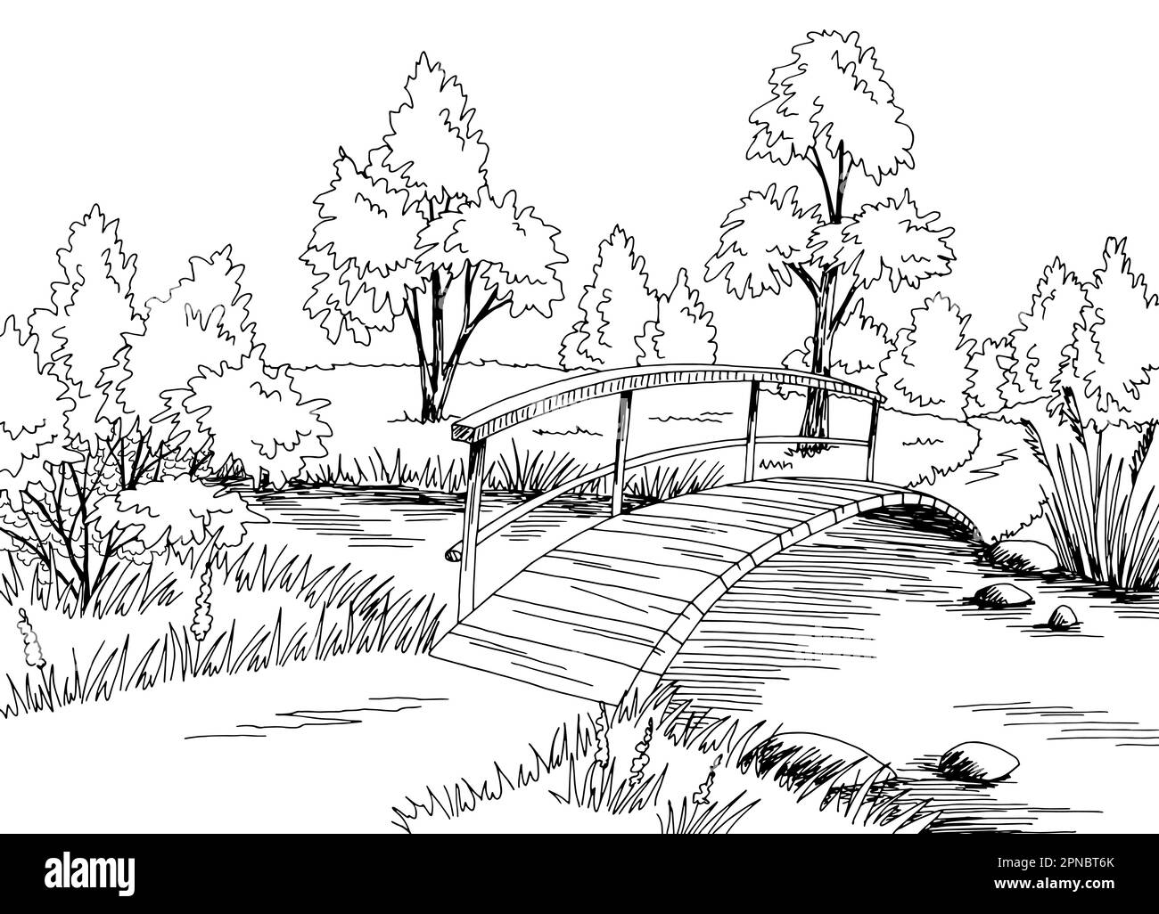Bridge graphic river black white landscape sketch illustration vector ...
