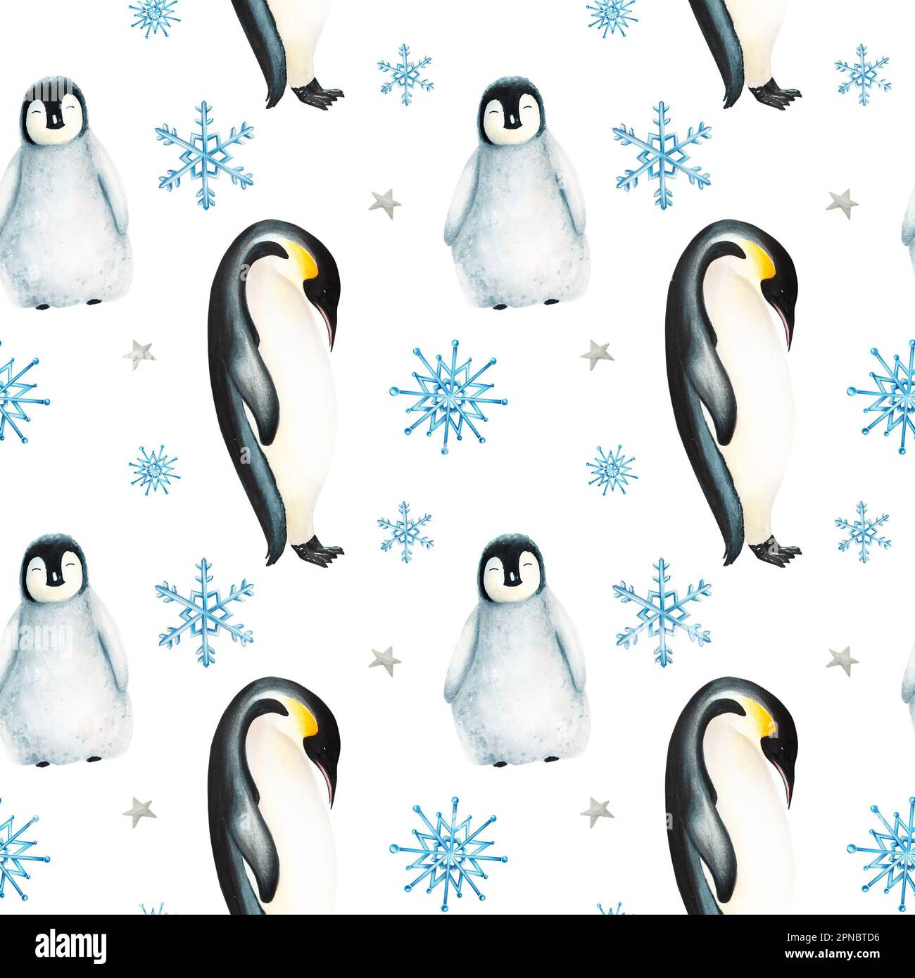 Watercolor winter seamless pattern illustration of a king penguins ...