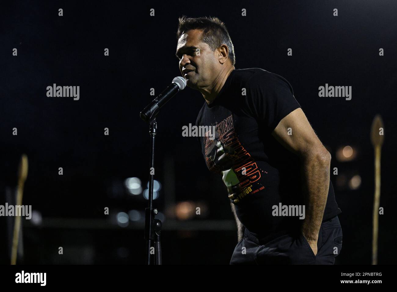 Former AFL footballer Nicky Winmar speaks during a healing ceremony on ...