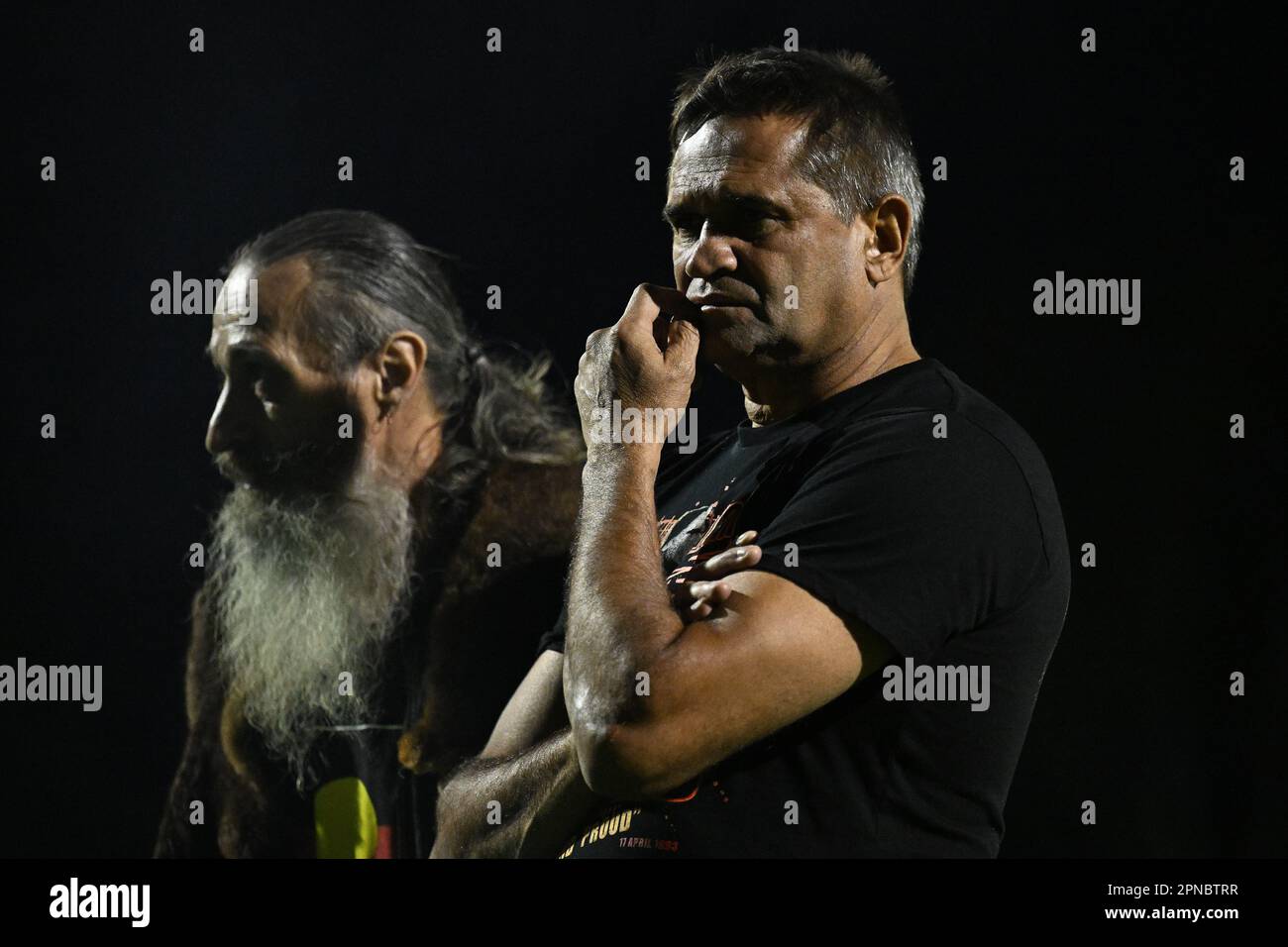 Former AFL footballer Nicky Winmar (right) during a healing ceremony on ...
