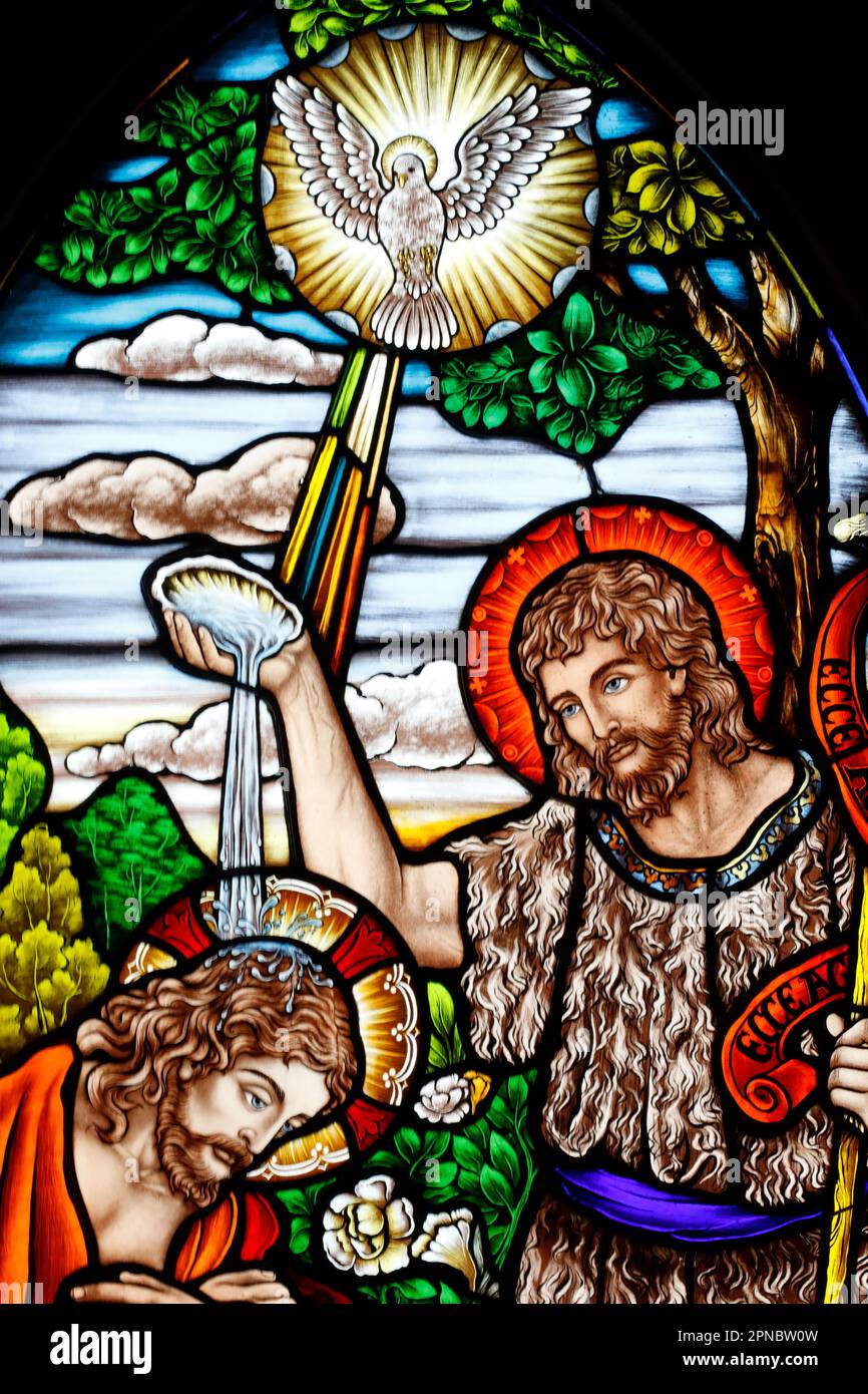 Song Vinh Church. Stained glass. The baptism of Jesus by John the Baptist. Vietnam Stock Photo ...