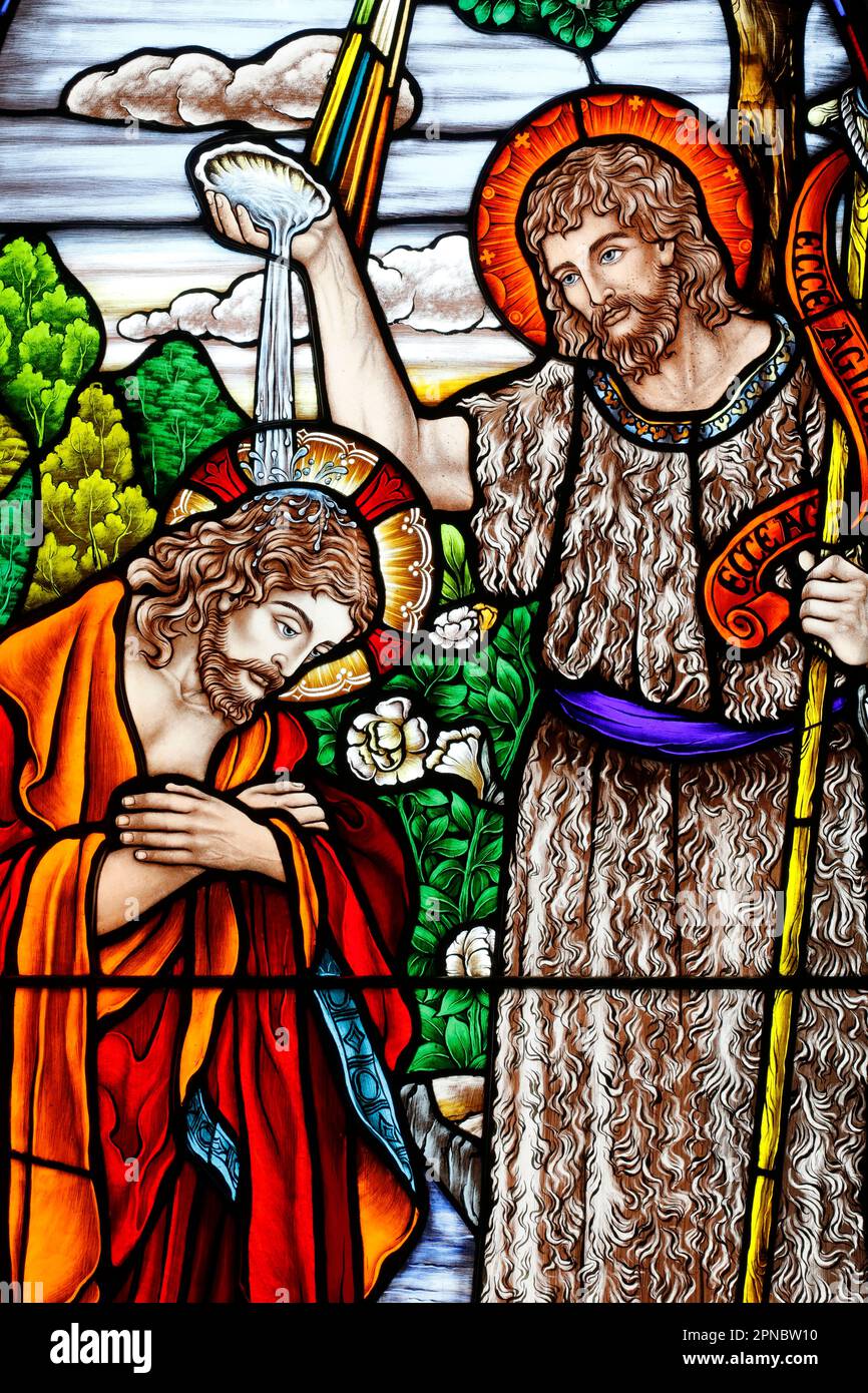 Song Vinh Church. Stained glass. The baptism of Jesus by John the Baptist. Vietnam Stock Photo ...