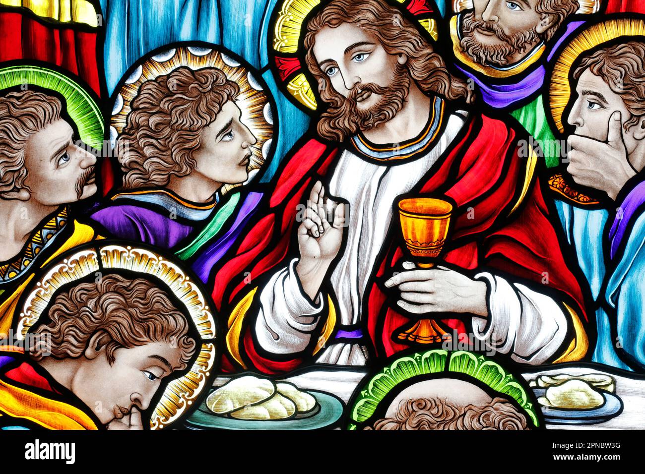 Song Vinh Church. Stained glass. The Last Supper. The final meal that Jesus shared with his ...
