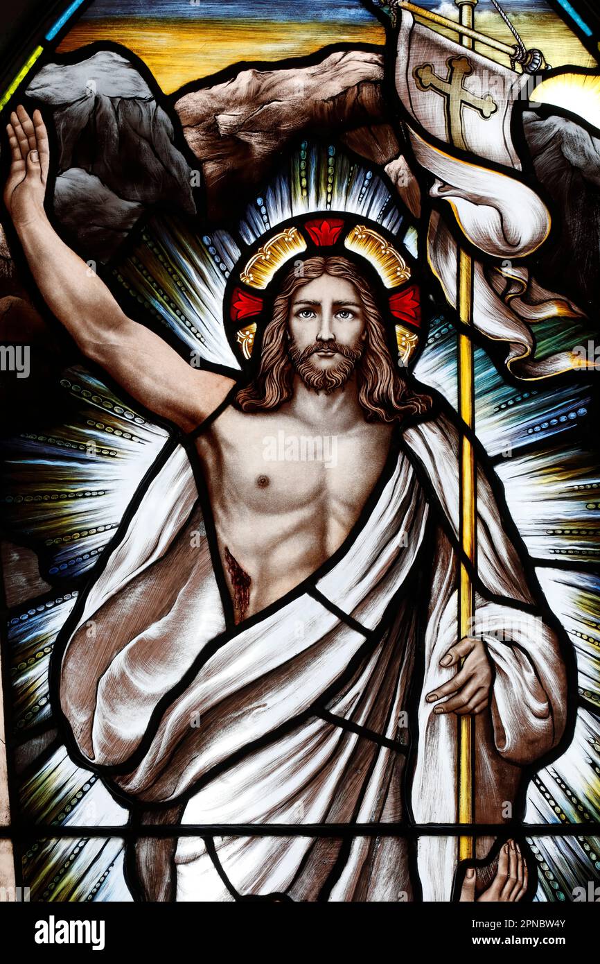 Song Vinh Church. Stained glass. The resurrection of Jesus Christ on ...