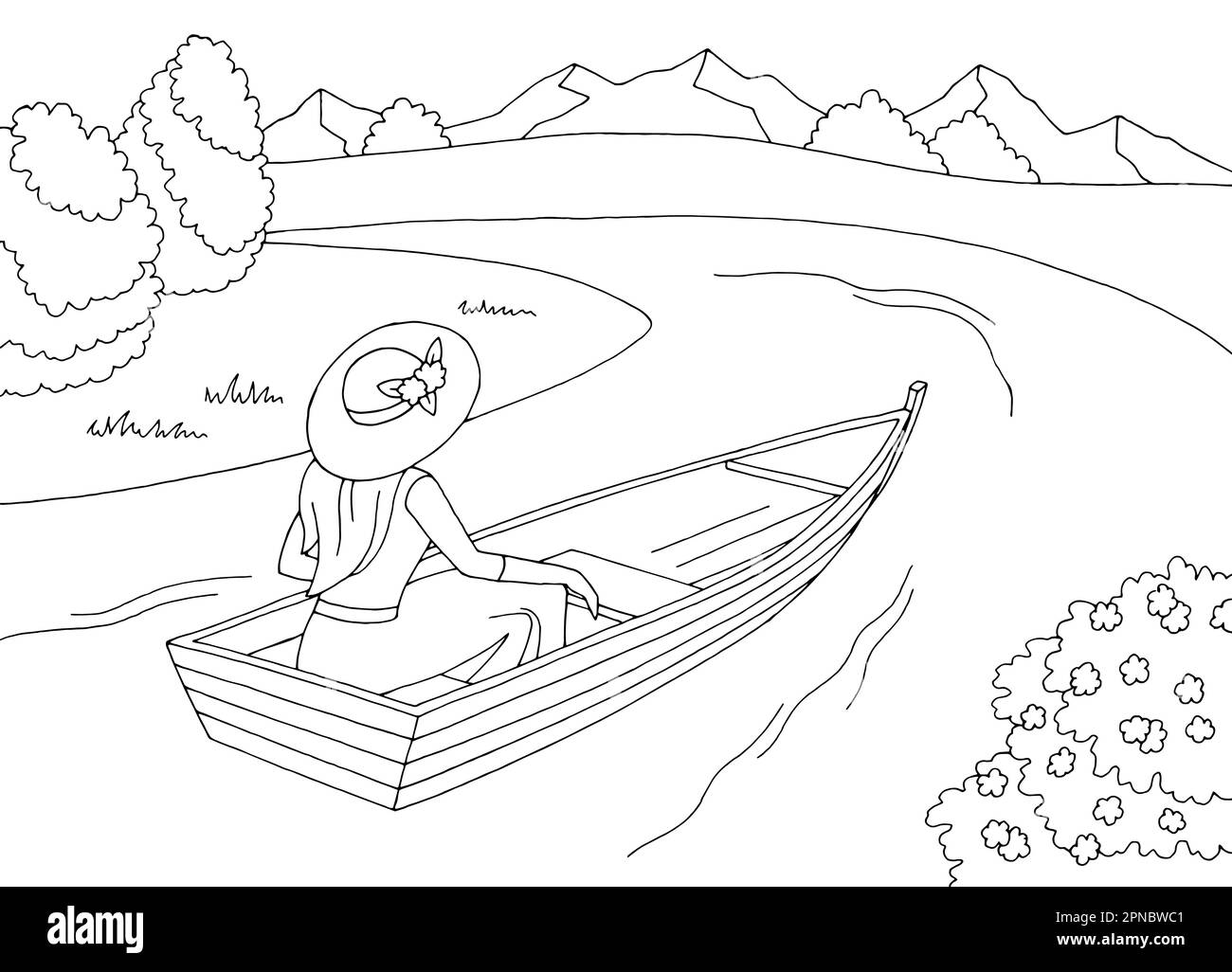 Boat river park woman rowing graphic black white landscape sketch ...