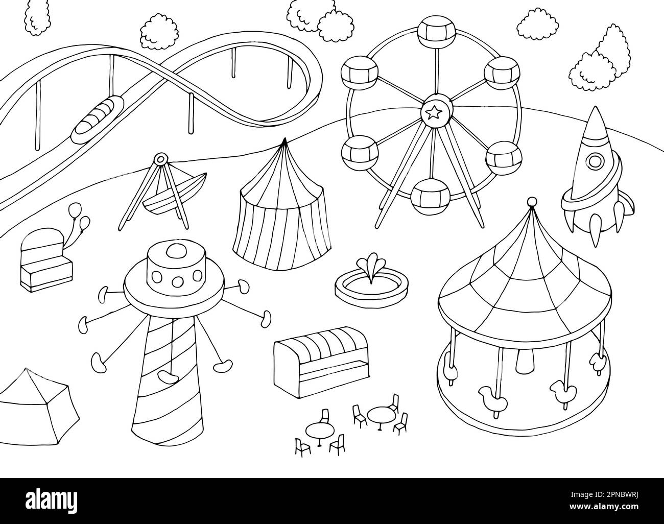 Amusement park landscape aerial view graphic black white sketch ... Amusement park landscape aerial view graphic black white sketch ...