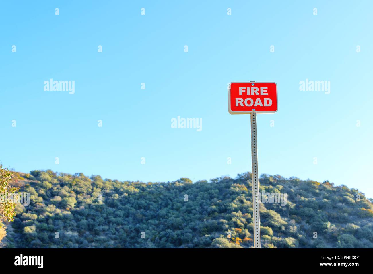 Fire Road Sign standing out against the beautiful blue sky and dense ...