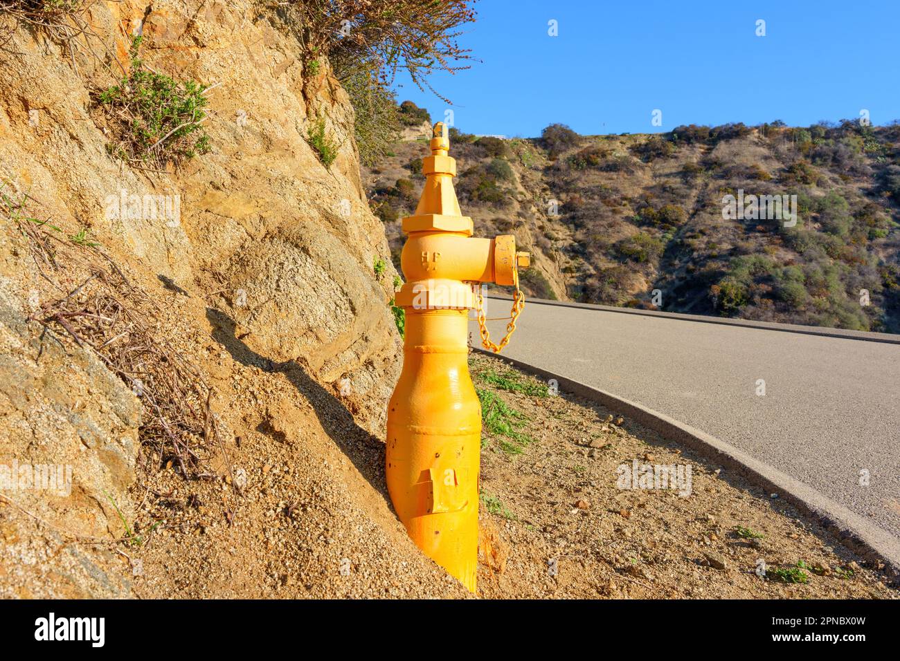 Close-up of a yellow fire hydrant installed on the roadside of a paved ...