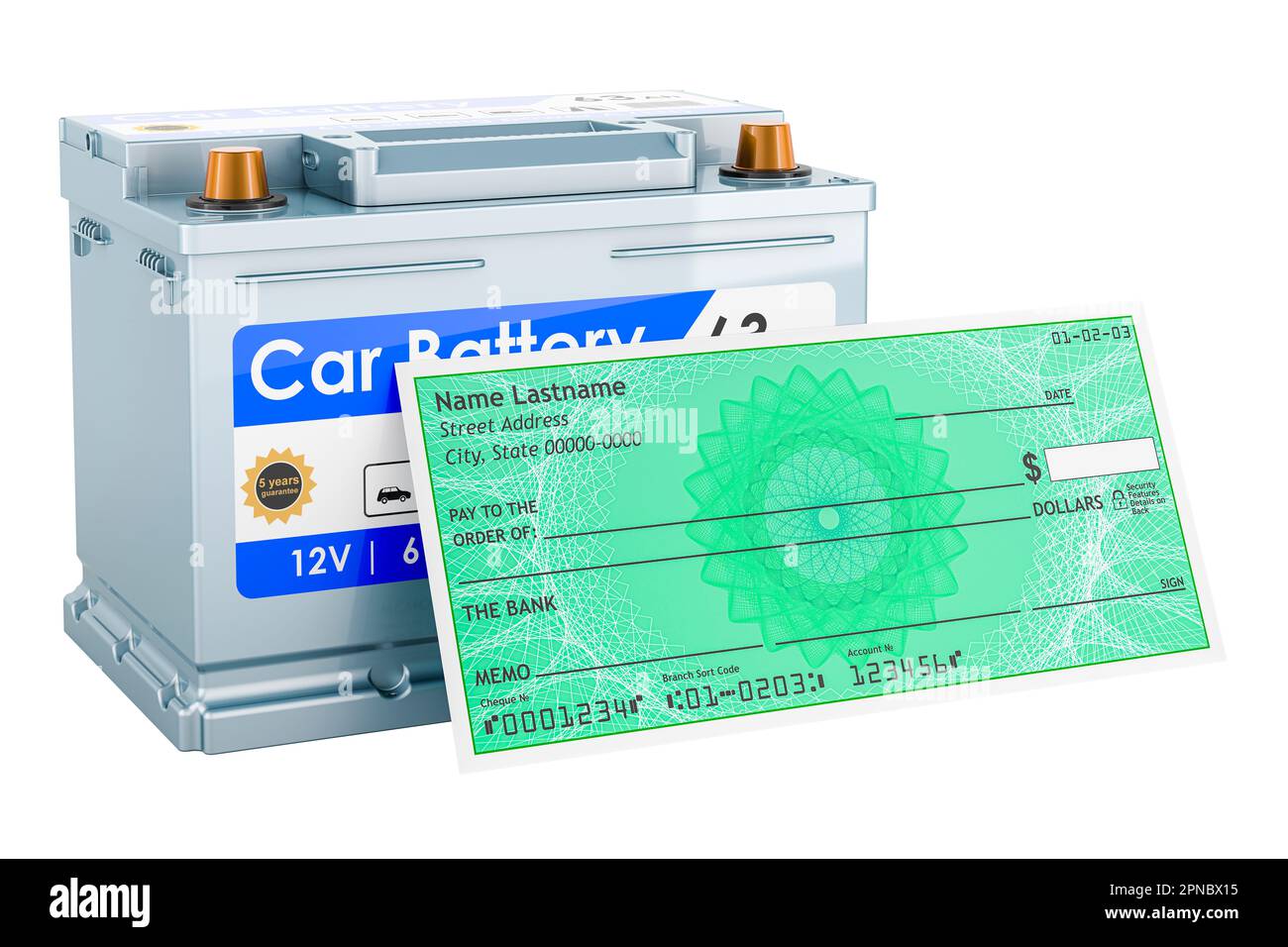 Car battery with bank check, 3D rendering isolated on white background ...