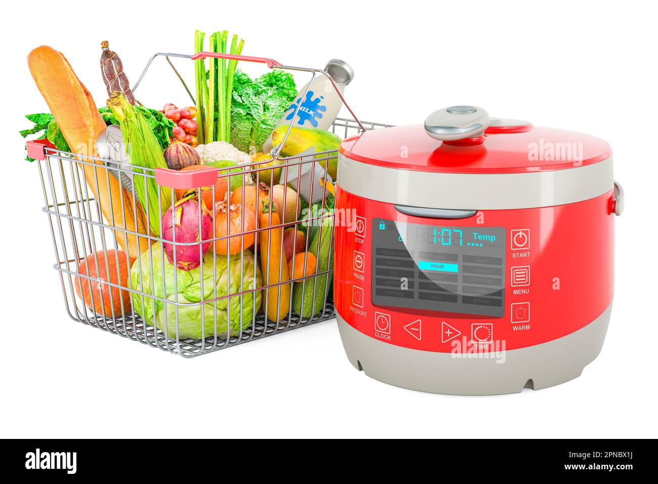 Automatic multicooker with shopping basket full of products, 3D ...
