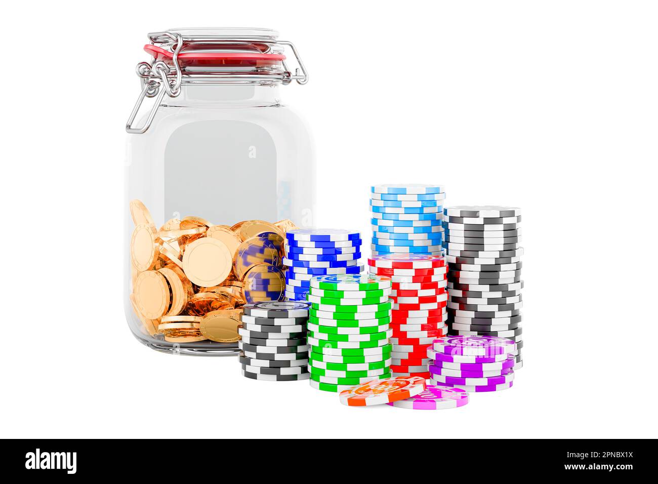 Casino tokens with glass jar full of golden coins, 3D rendering ...