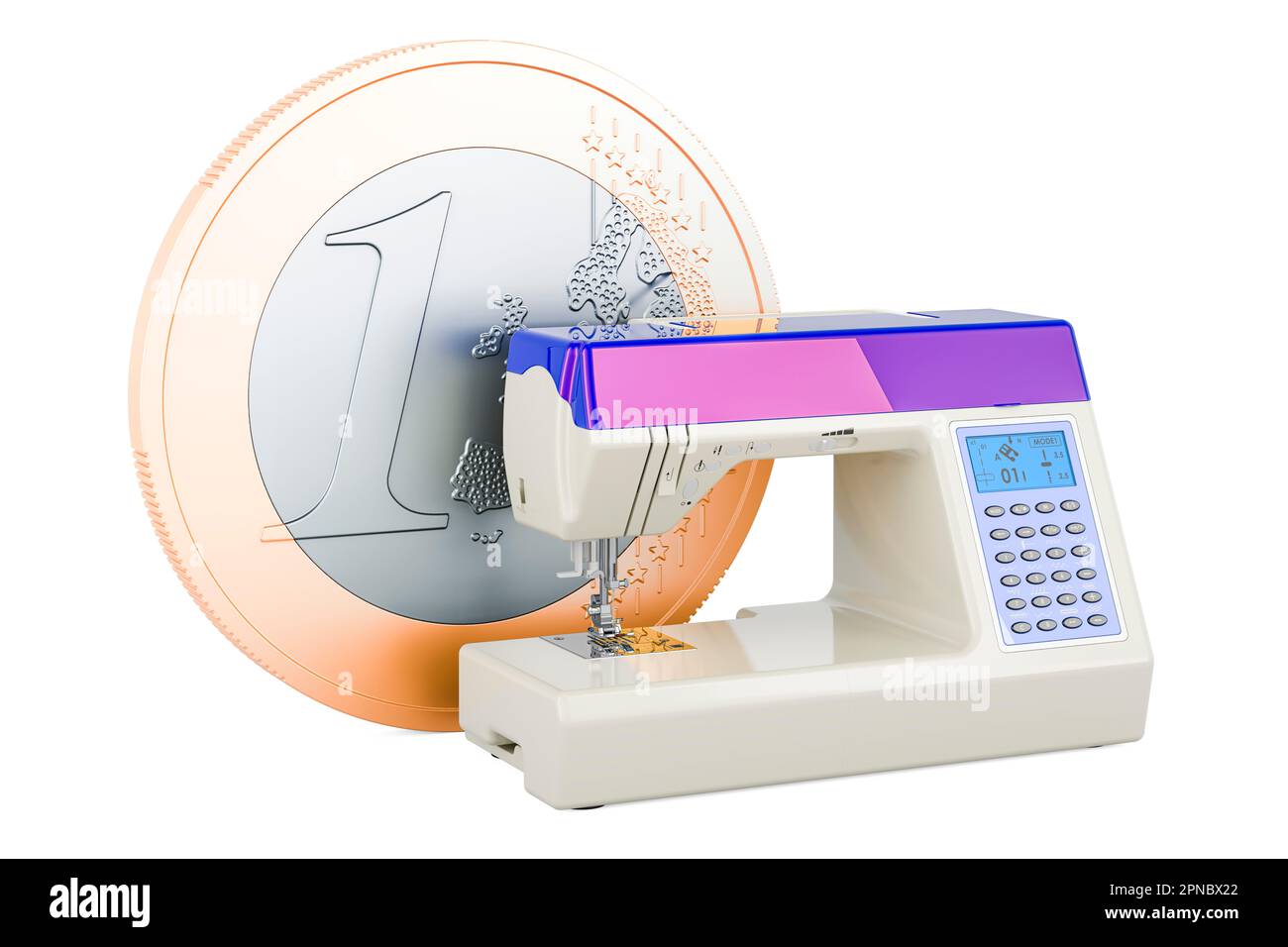 Electronic sewing machine with euro coin. 3D rendering isolated on ...