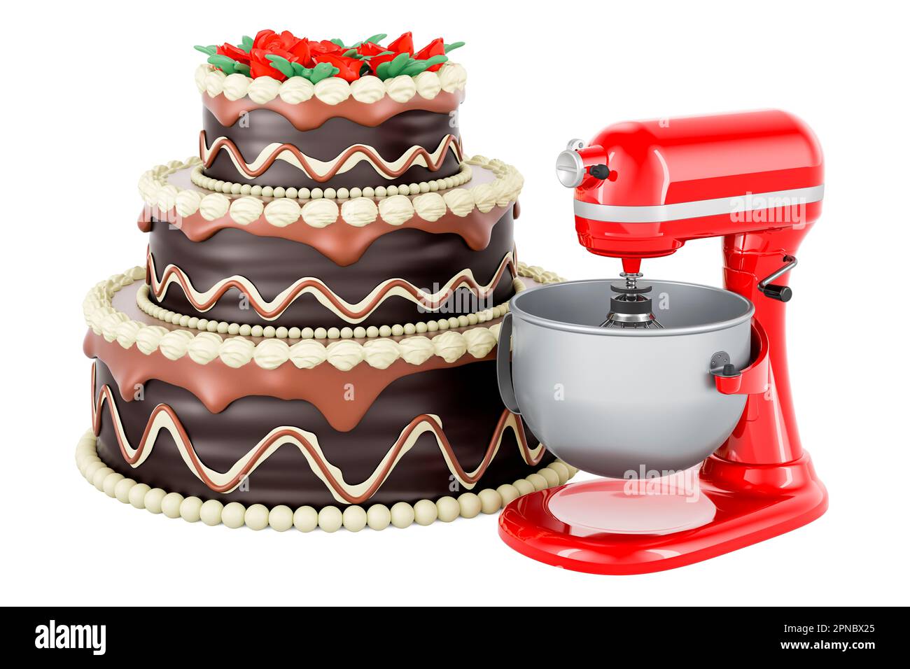 Chocolate Cake with stand mixer, 3D rendering isolated on white ...
