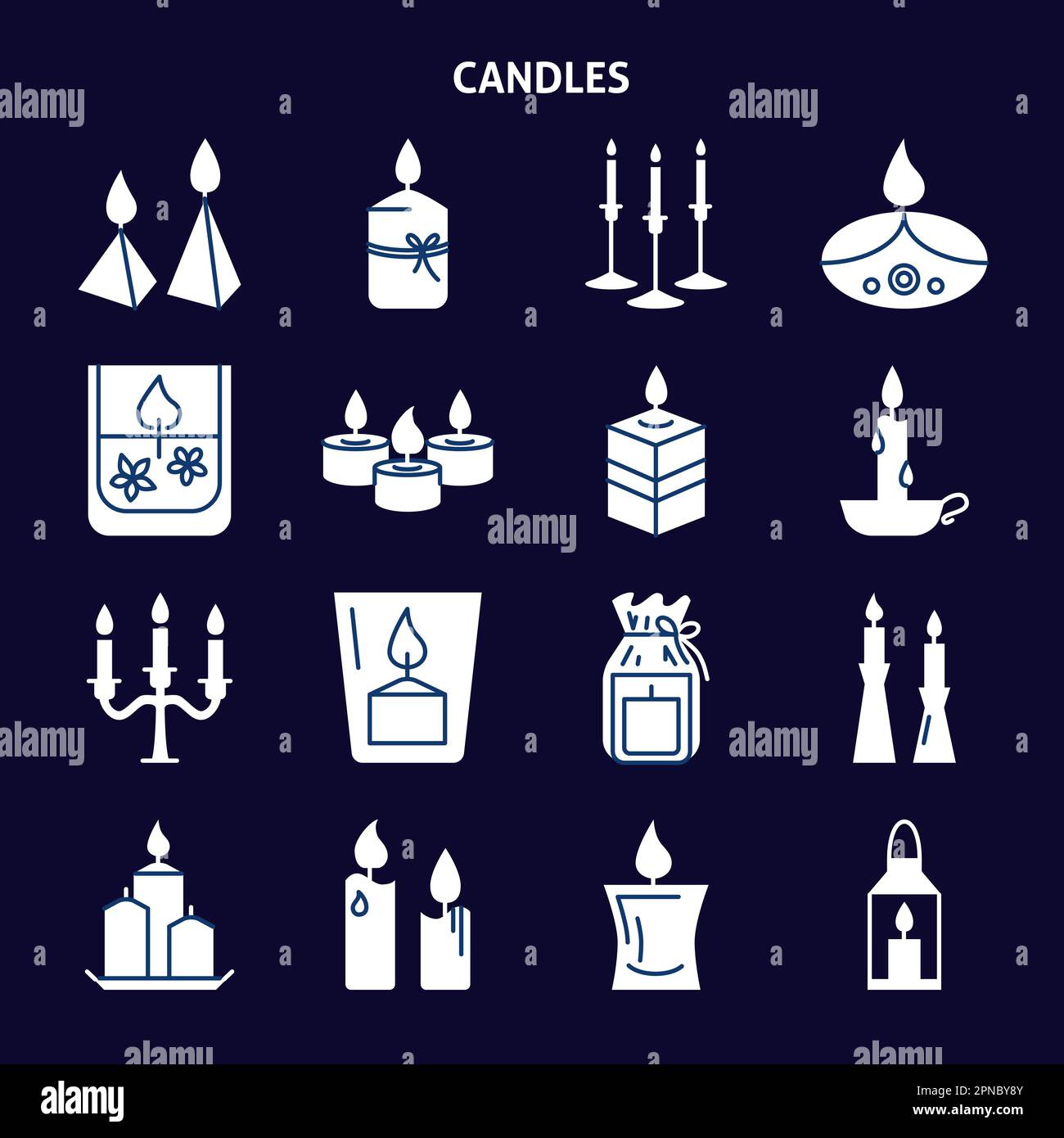Candle silhouette icons set in flat style on dark background. Light ...