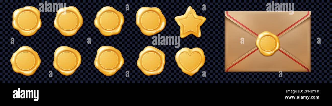 Gold wax stamp and vintage envelope illustration. Circle, heart and ...