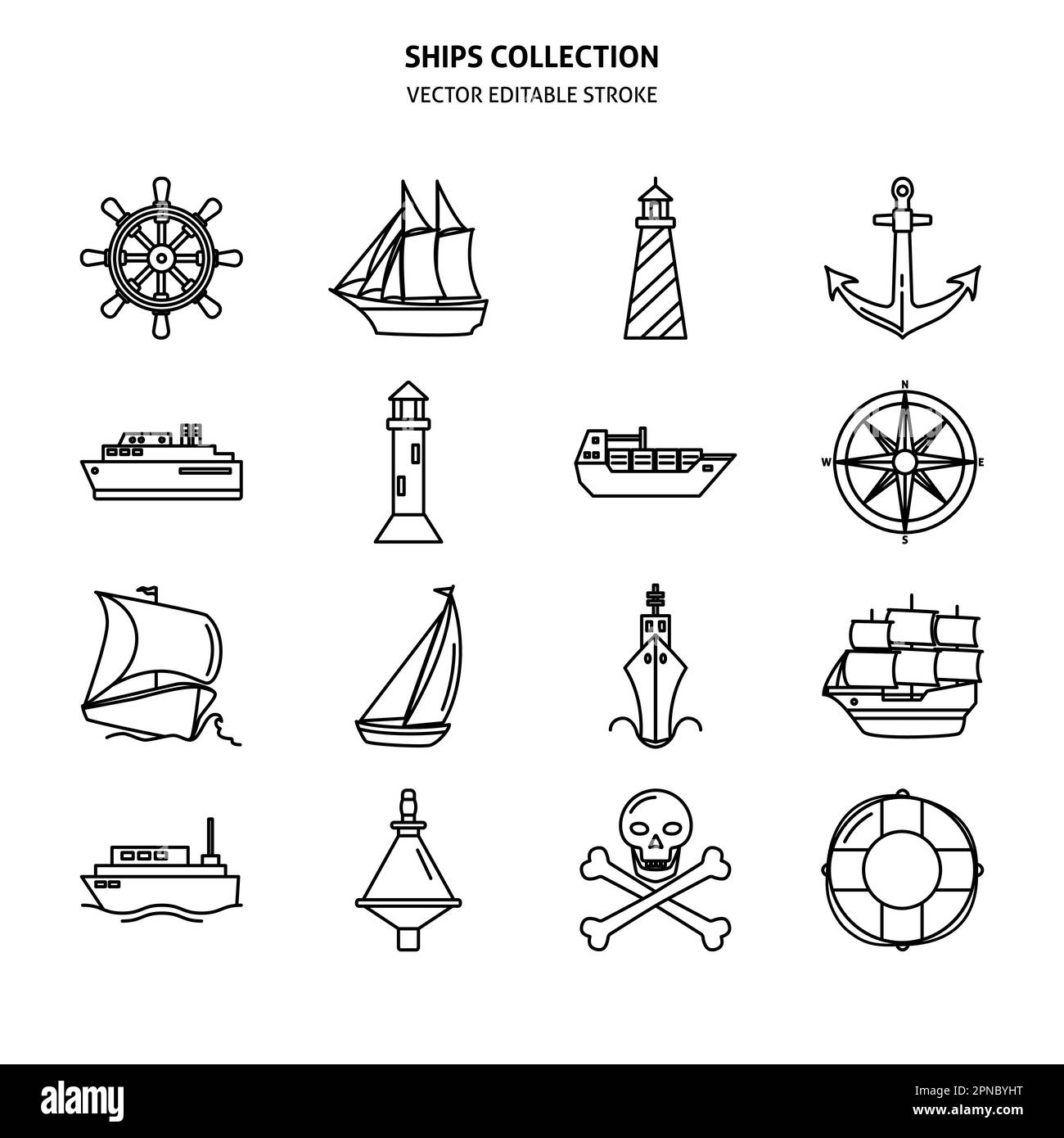 Sea collection of editable ship and nautical icons in line style ...
