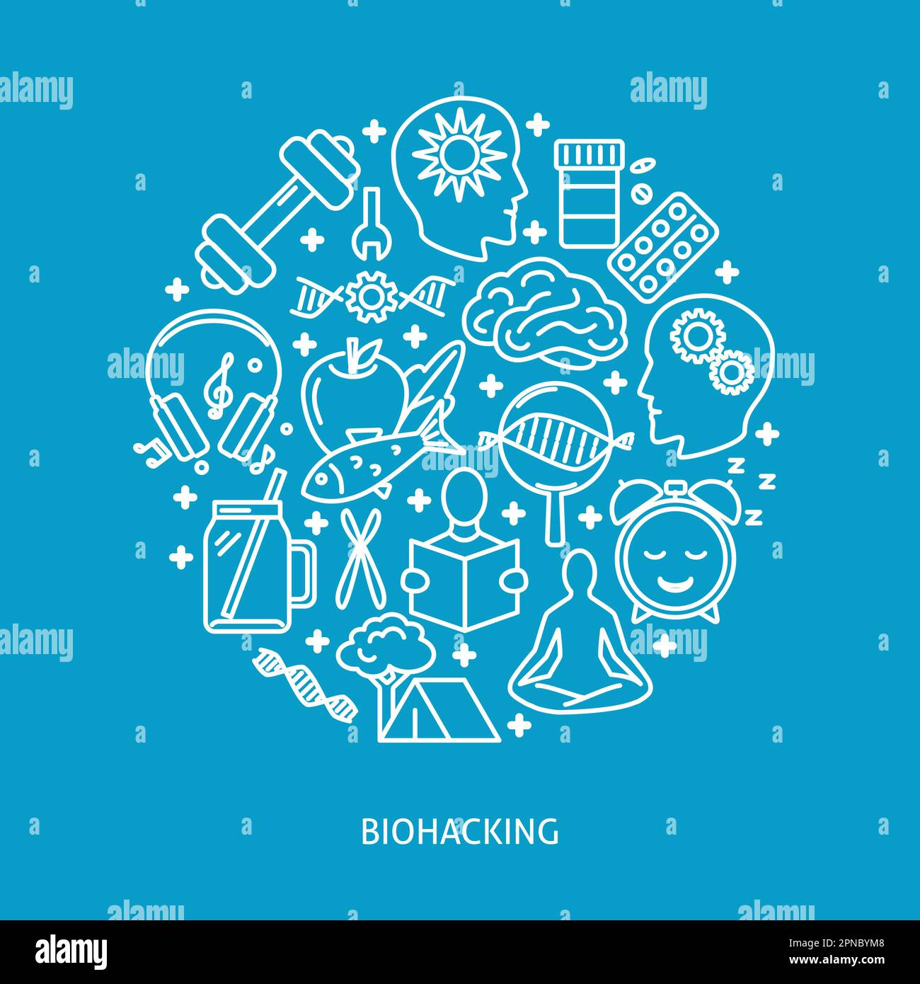 Biohacking round concept banner with icons in line style. DIY biology ...