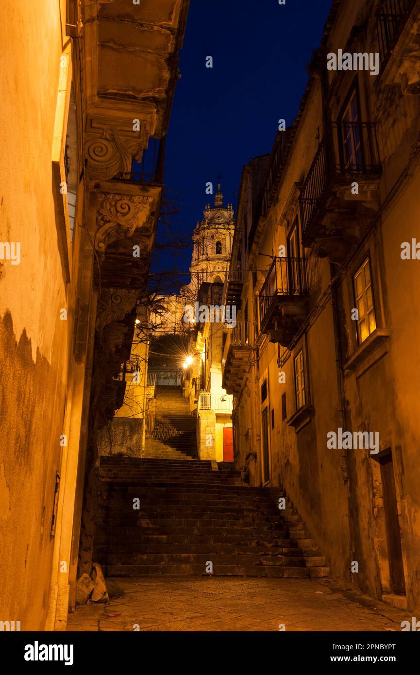 The Cathedral of San Giorgio in a night view, city of Modica, Ragusa ...