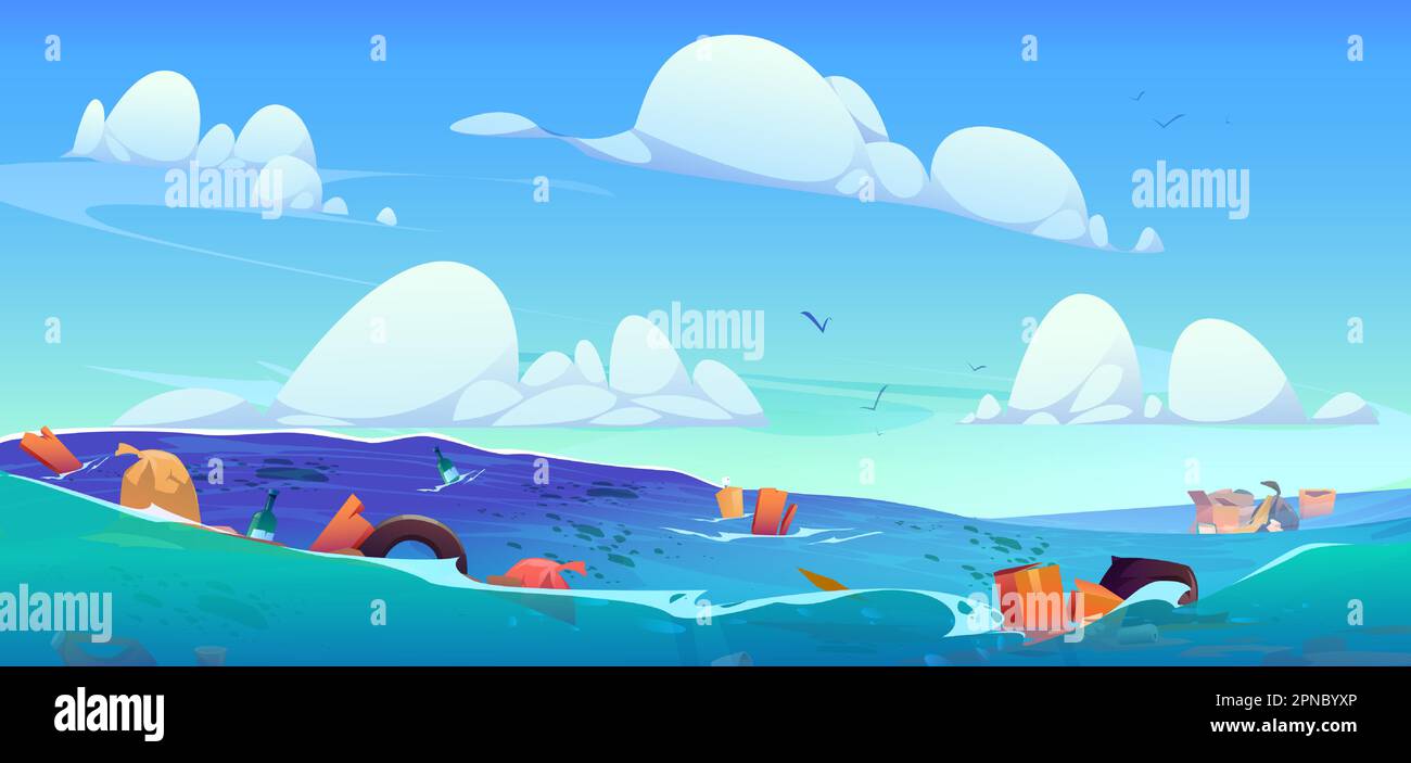 Trash floating on water surface in open sea. Vector cartoon ...