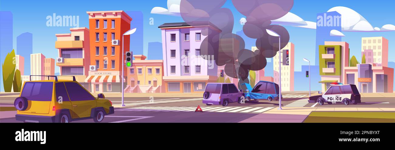 Car accident on city road cartoon illustration. Drive crash with hood ...