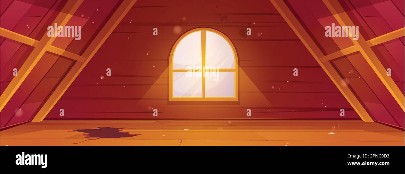 House attic interior with wooden beams, floor and window. Empty old ...