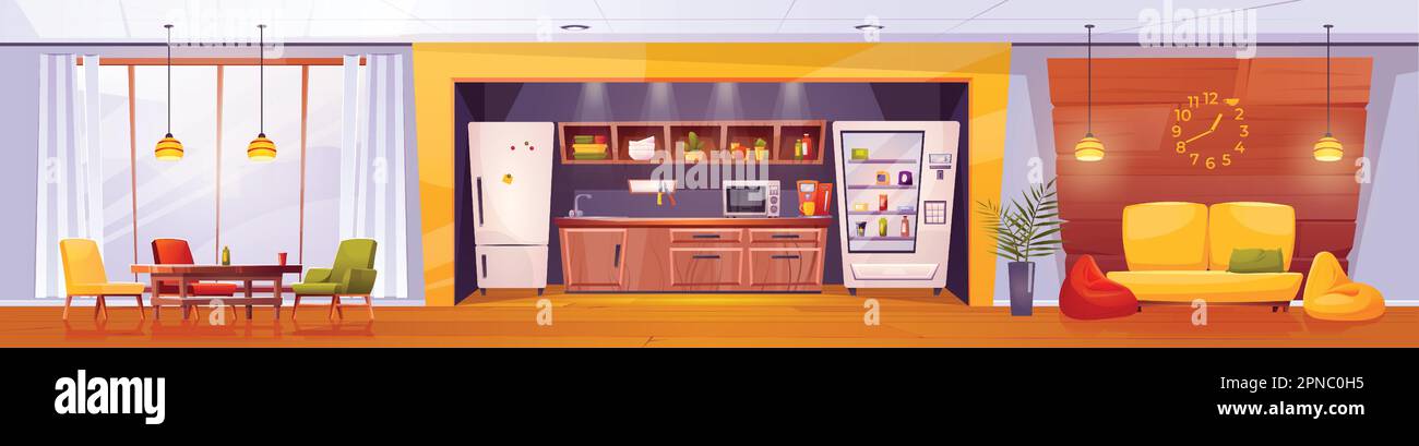 Break room with kitchen in office. Lunch table with chair at work ...