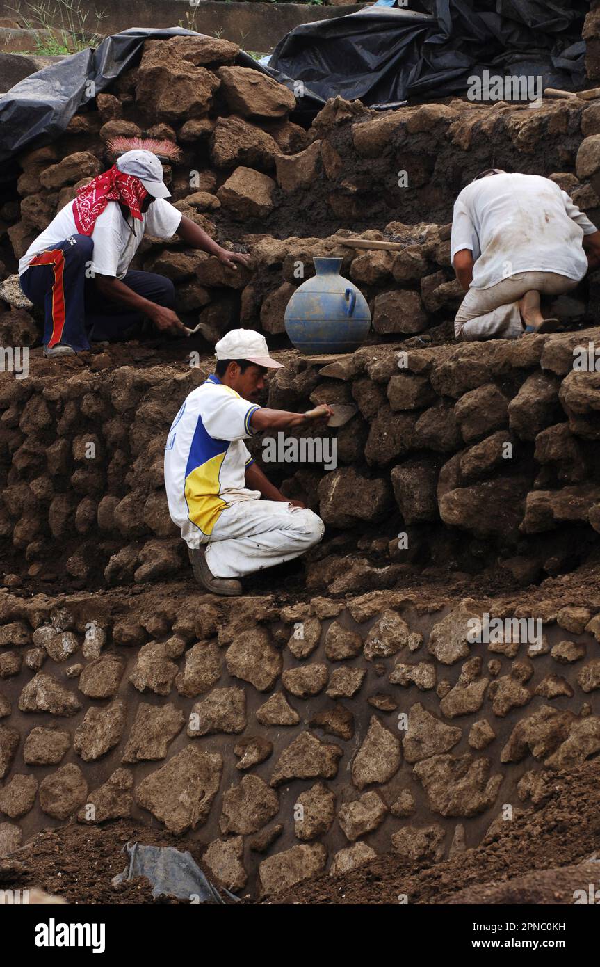 Excavations at the archaeological site at the Mayan site of Tazumal in ...