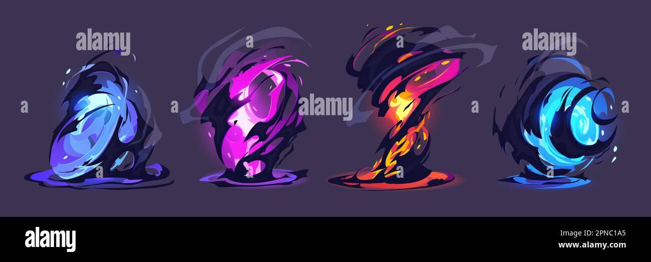 Vfx tornado game cartoon storm effect set isolated. Blue flash twirl ...