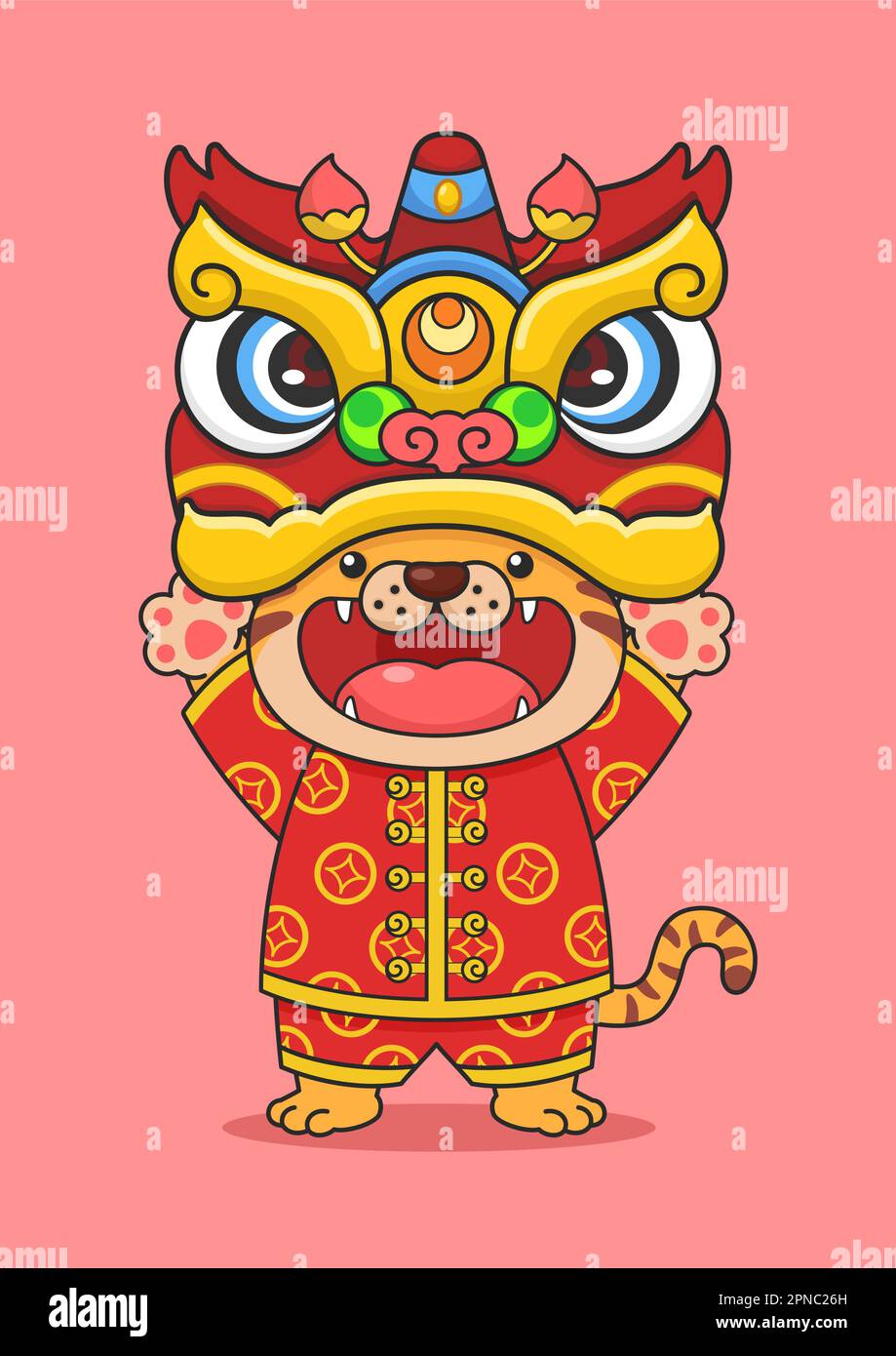 Cute Chinese New Year Tiger Holding Lion Dance Head Stock Vector Image ...