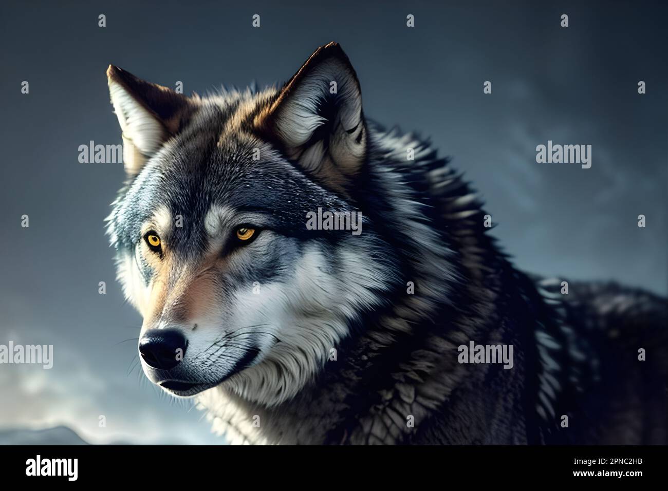 A white wolf is looking out into the night sky, illuminated by a bright ...