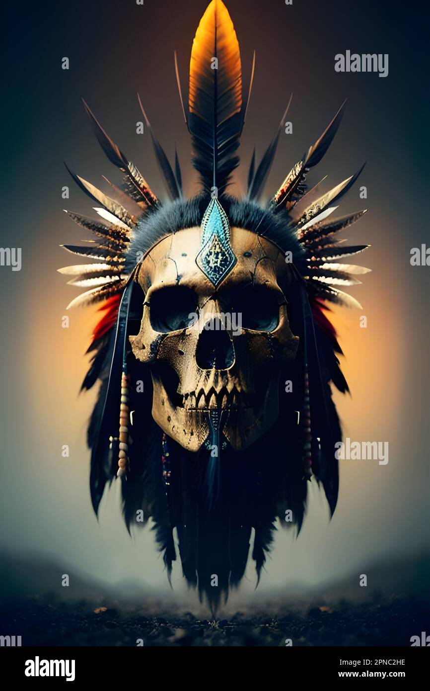 An image of a human skull wearing a traditional Native American ...