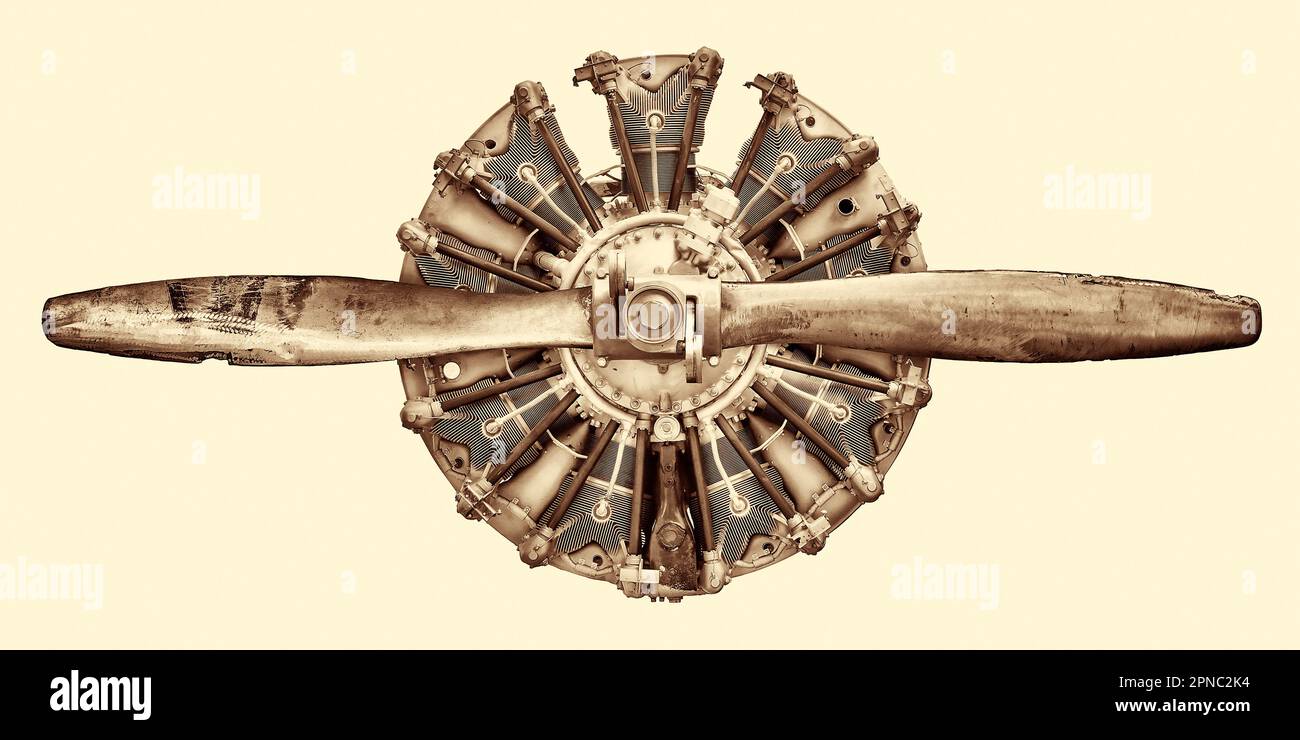 Retro styled image of an ancient airplane engine with propeller Stock ...