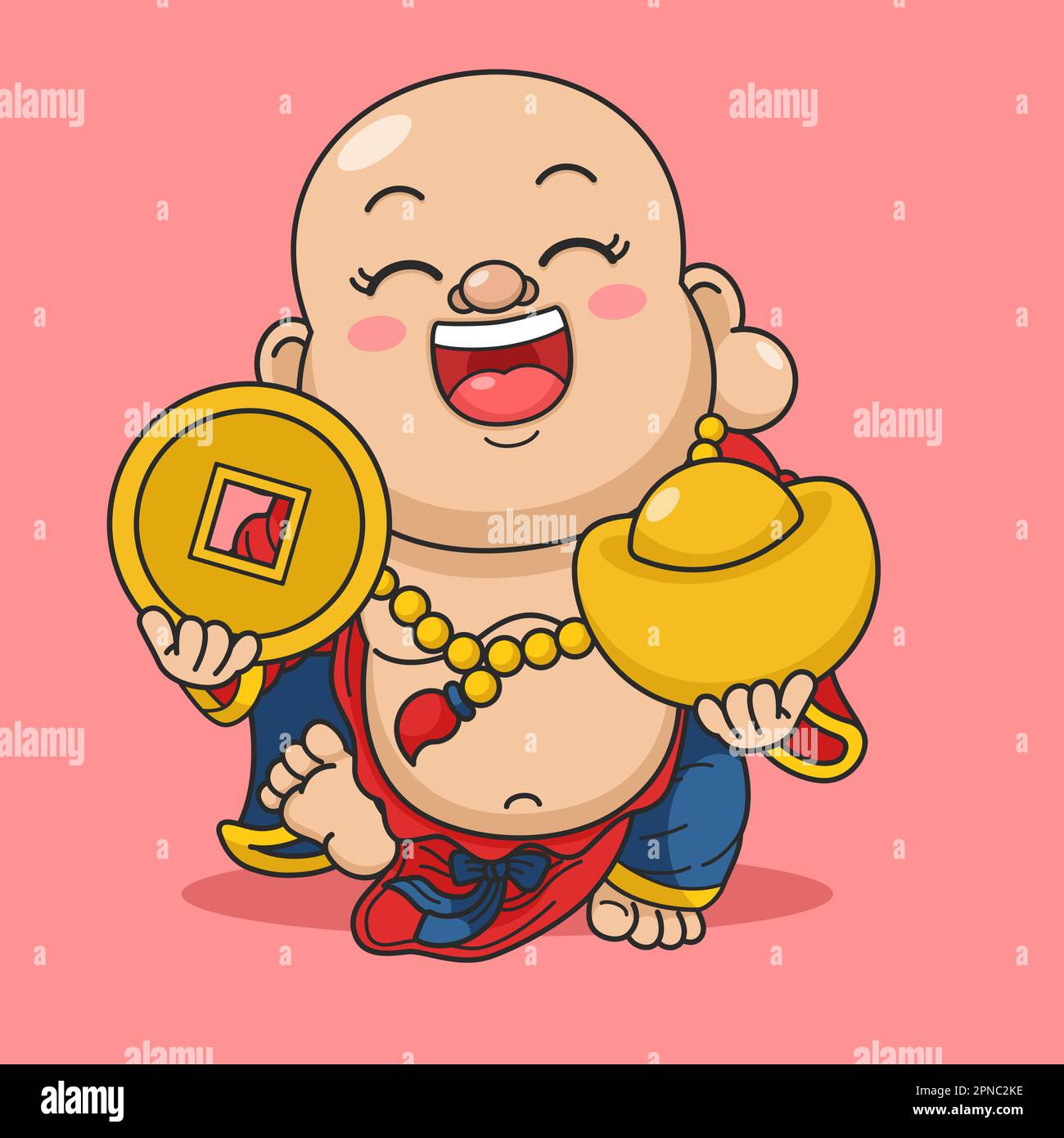 Cute Chinese New Year Fortune God Laughing Buddha Holding Gold Coin And ...