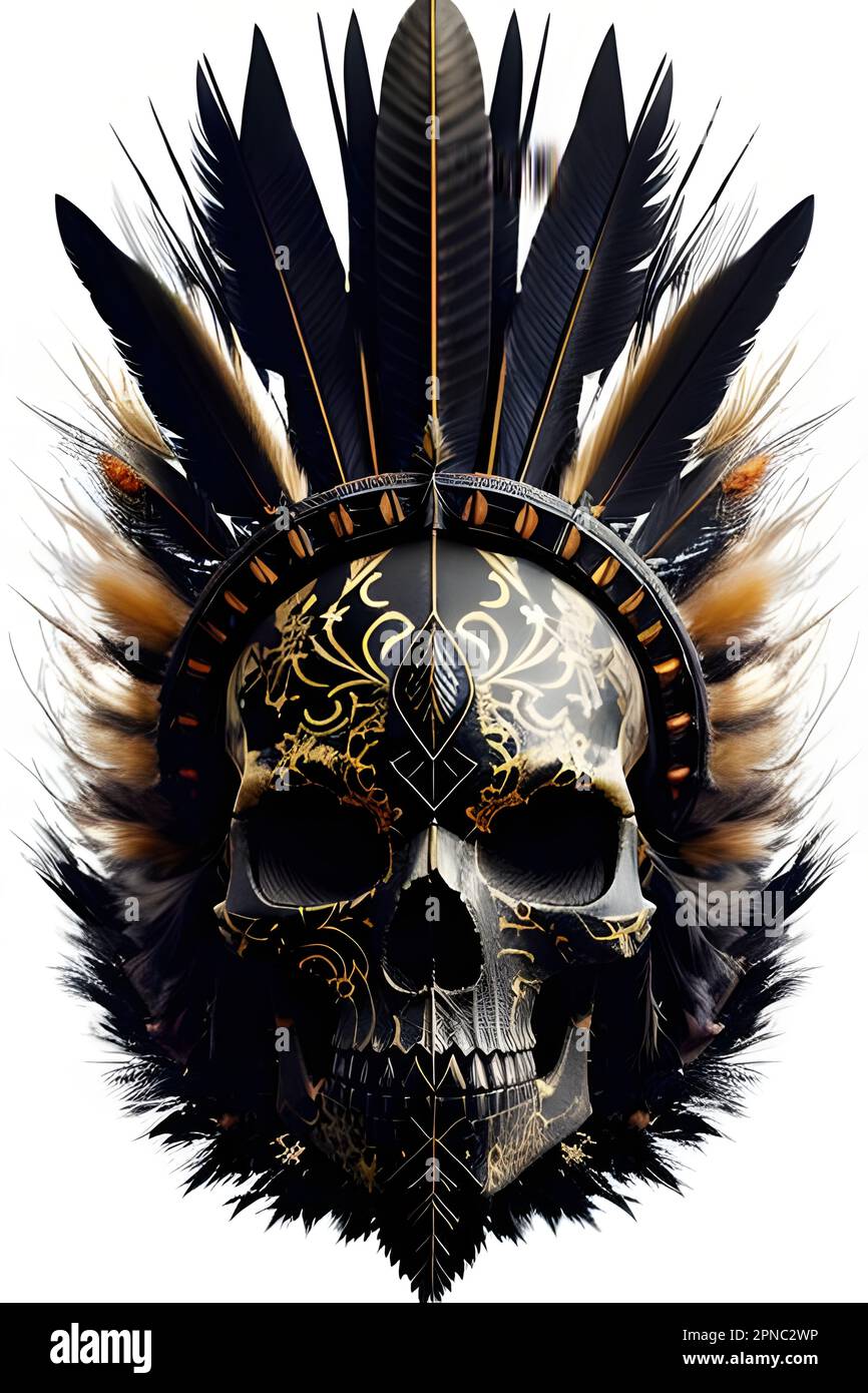 A close-up image of a human skull wearing a feathered headpiece, viewed ...