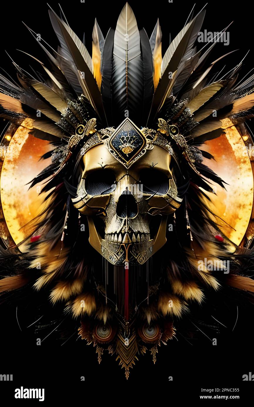 An image of a human skull, wearing an intricately detailed Native ...