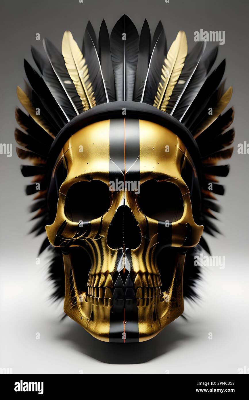 A white human skull featuring an array of colorful feathers on its head ...