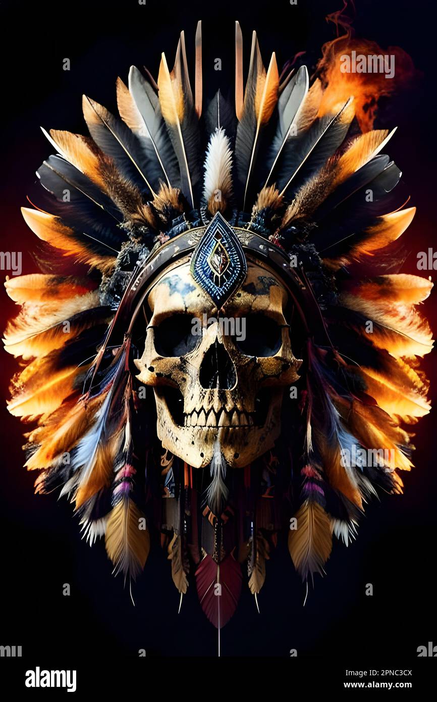 A traditional Indian skull, adorned with a feathered headdress, perched ...