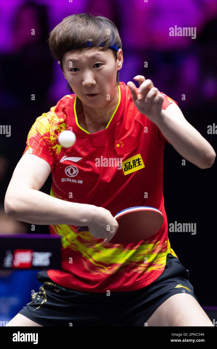 Macao, China. 18th Apr, 2023. Wang Manyu of China hits a return during ...