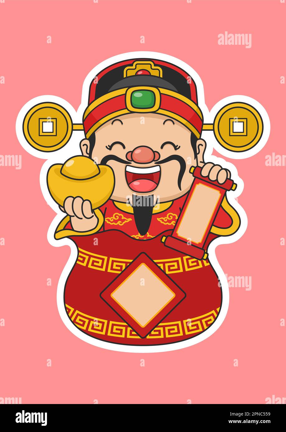 Cute Chinese New Year Fortune God Holding Gold Money And Scroll In Bag ...