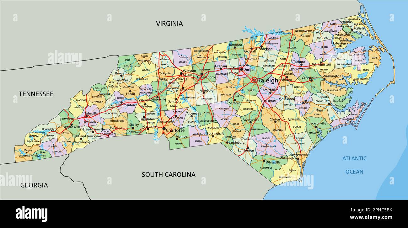 North Carolina - Highly detailed editable political map with labeling ...