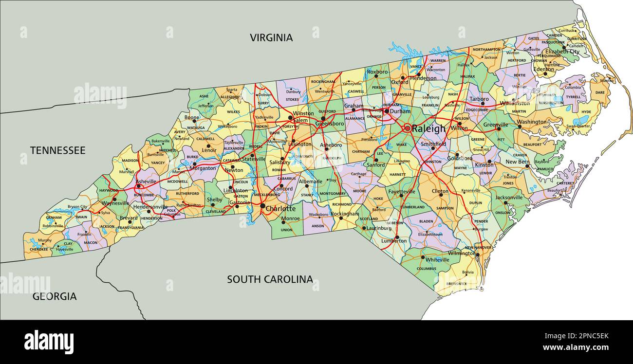 North Carolina - Highly detailed editable political map with labeling ...
