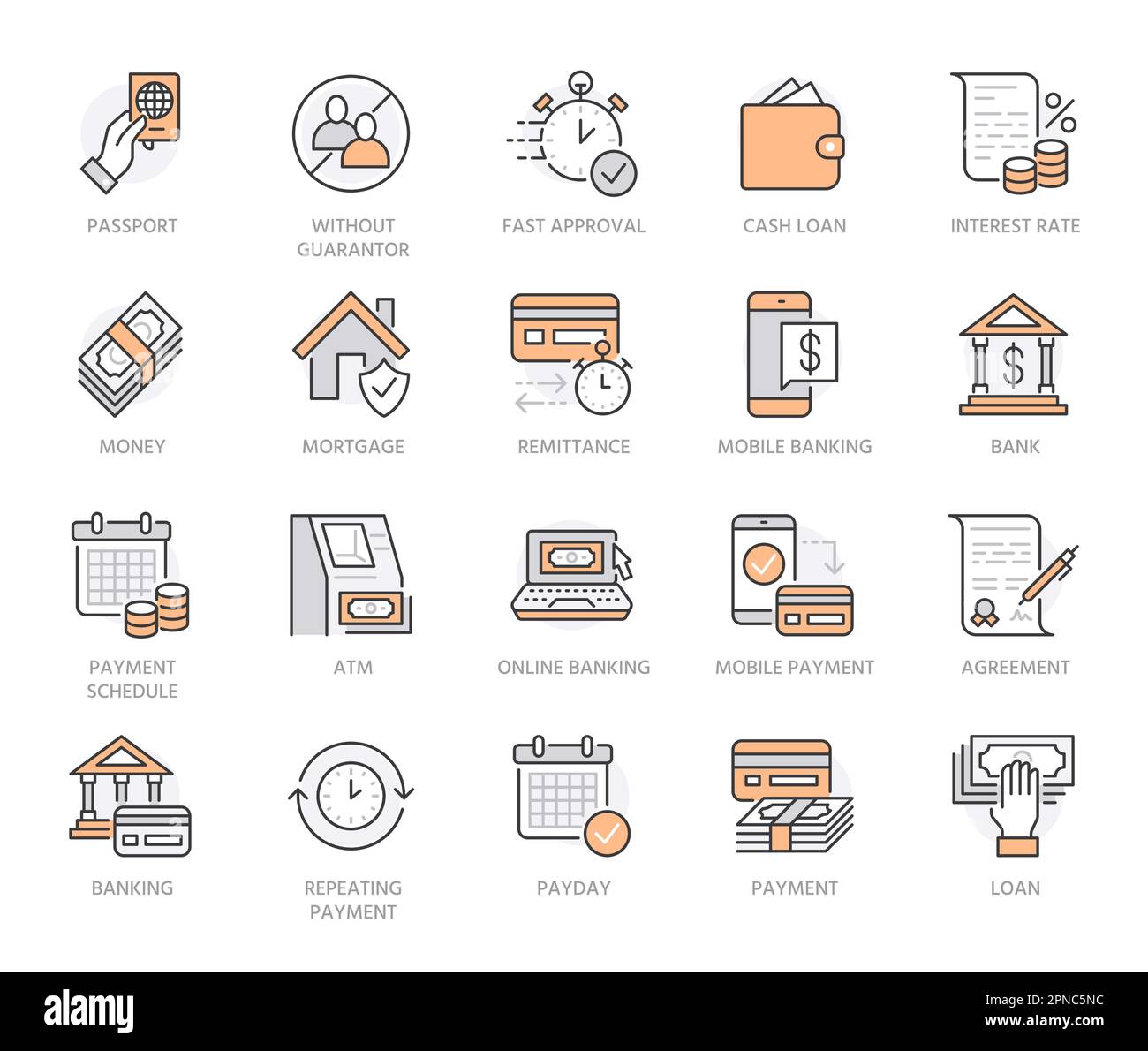 Finance, money loan flat line icons set. Quick credit approval, currency transaction, no ...