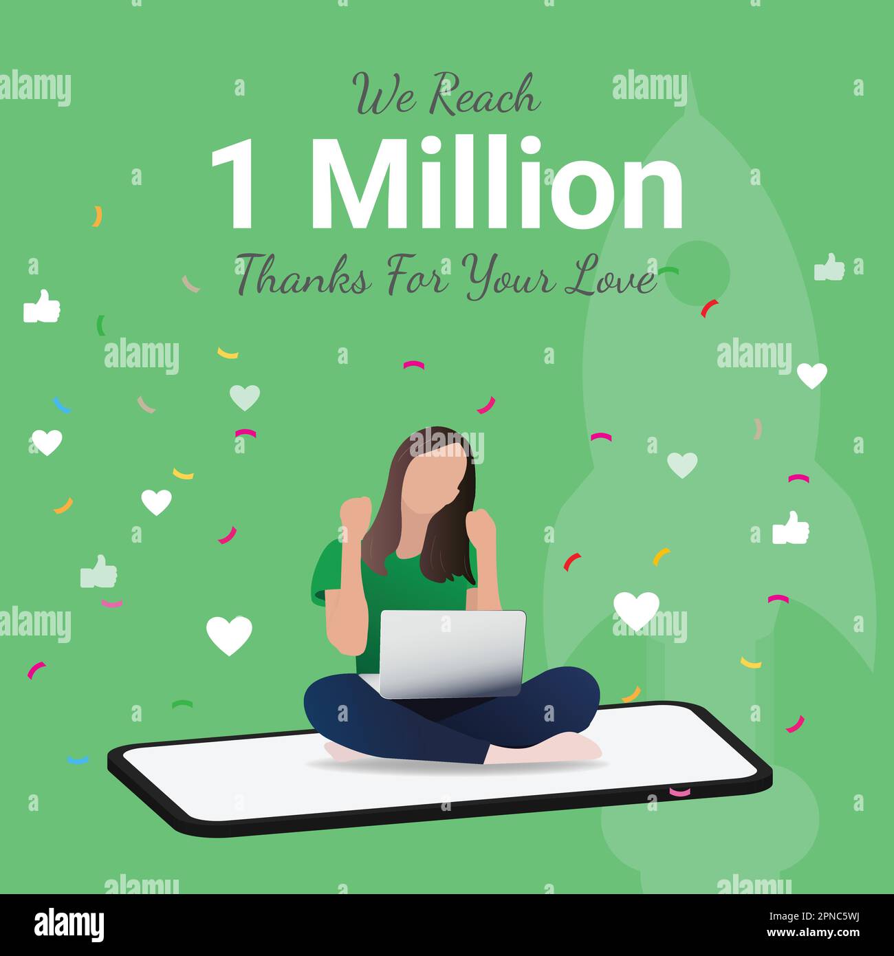 Illustration of an excited girl holding laptop sitting on mobile ...