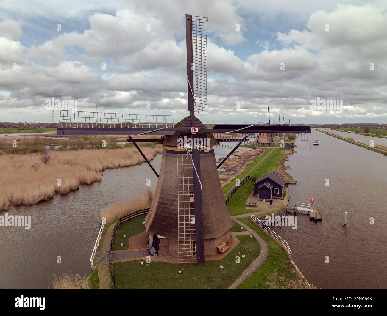 kinderdijk windmill park in Netherlands. A part of the Unesco world heritage site. Typical ...