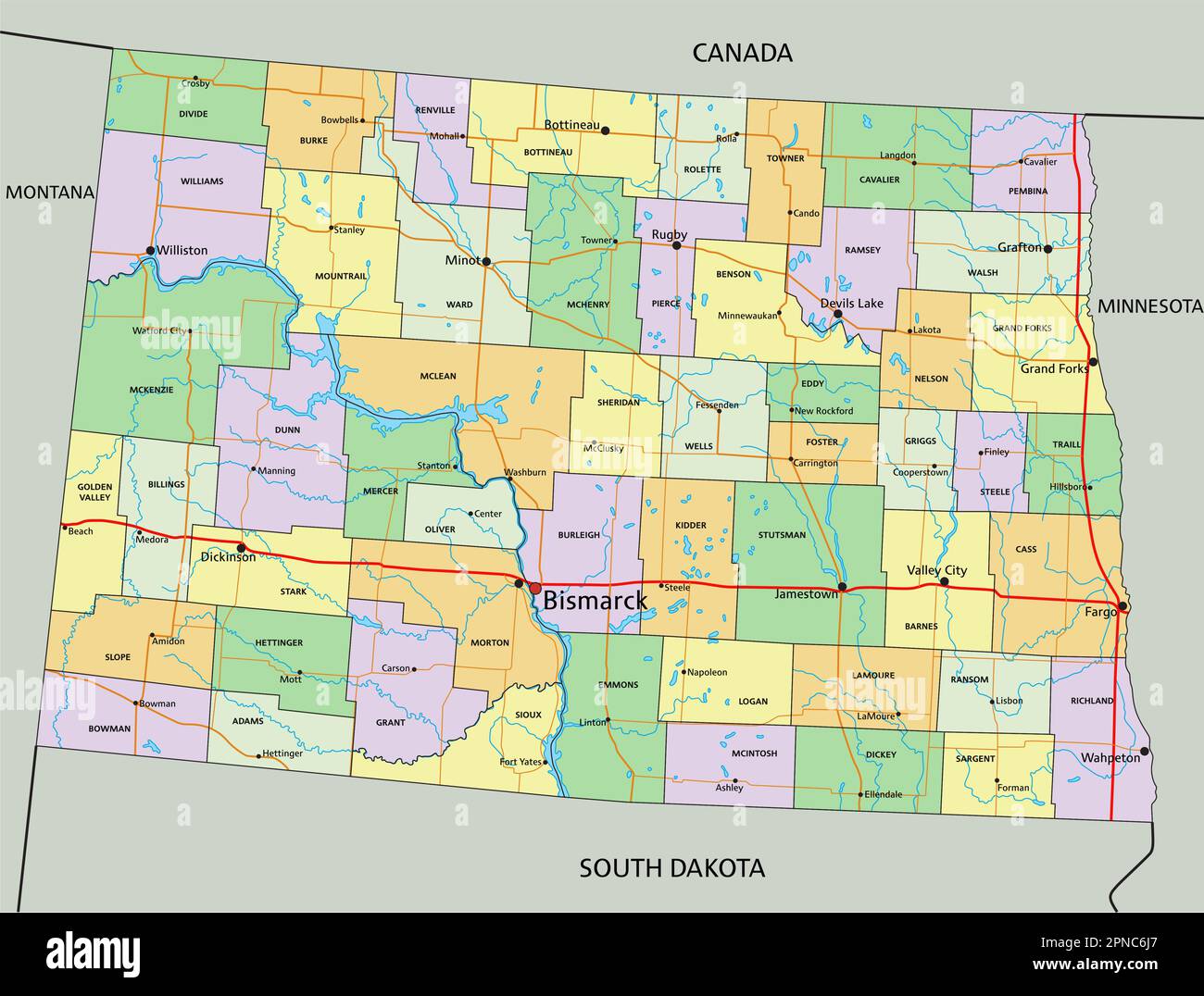 North Dakota - Highly detailed editable political map with labeling ...
