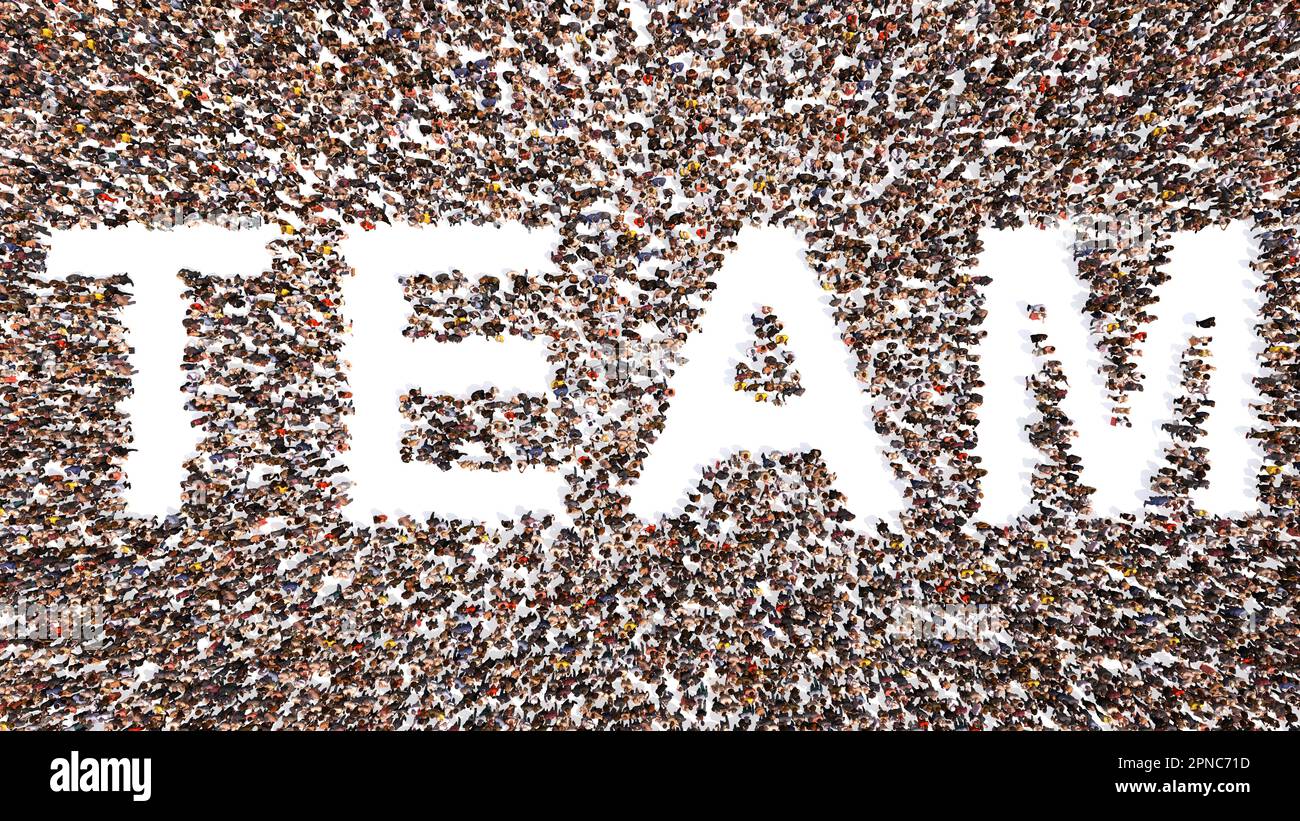 Cnceptual large community of people forming TEAM word. 3d illustration ...