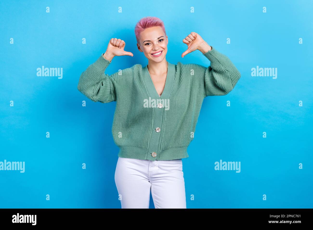 Photo of professional lady direct fingers herself advert self as top ...