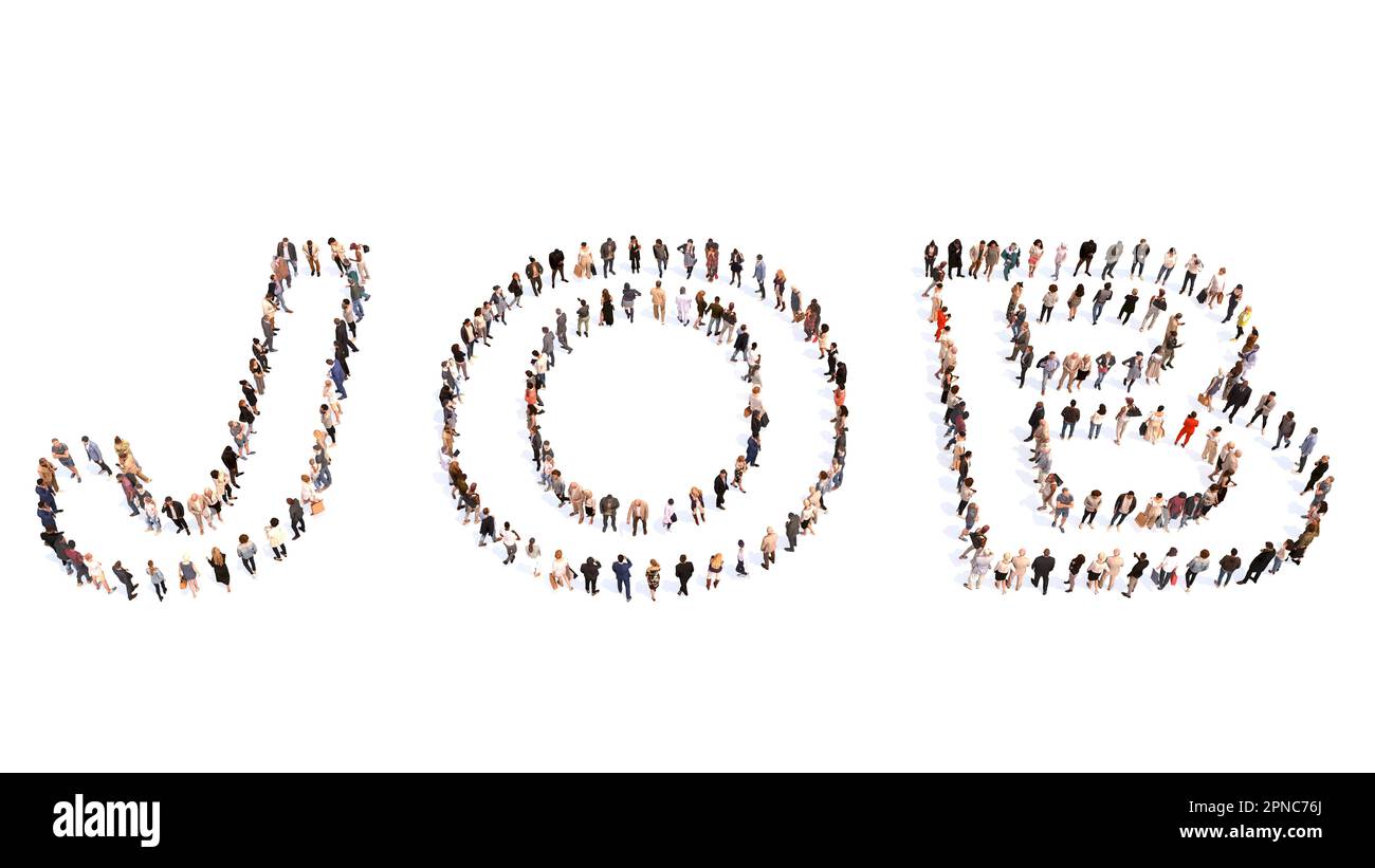 Concept or conceptual large community of people forming JOB word. 3d ...